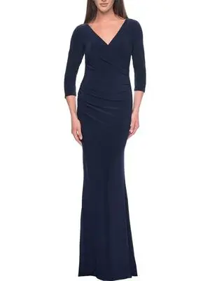 La Femme Long Evening Dress With Wrap Neckline - Navy