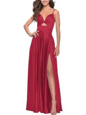 La Femme Satin A-line Gown With Cut Out Bodice - Red