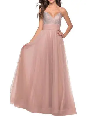 LABOMME Tulle Gown With Rhinestone Bodice - Dusty Mauve