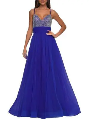 LABOMME Tulle Gown With Rhinestone Bodice - Royal Blue
