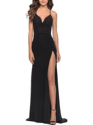 La Femme Net Jersey Ruched Prom Dress With Illusion Bodice - Black