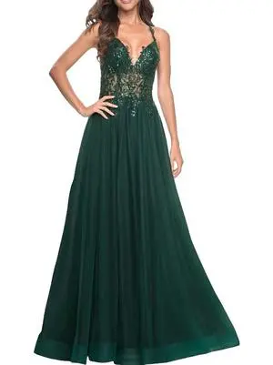 La Femme Tulle Gown With Beaded Lace Applique - Dark Emerald