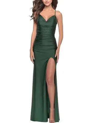 La Femme Rhinestone Jersey Gown - Emerald