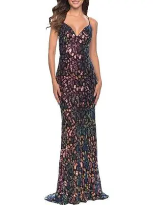 La Femme Sequin Gown With Lace-up Back - Black