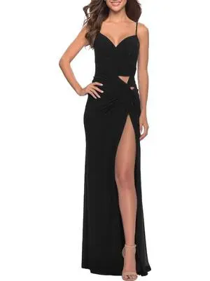 La Femme La Femme Net Jersey Dress With Cutouts And Slit Black