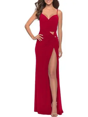 La Femme La Femme Net Jersey Dress With Cutouts And Slit Red