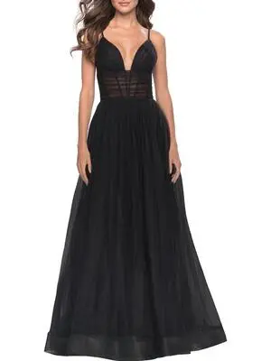 La Femme A-line Tulle Gown - Black