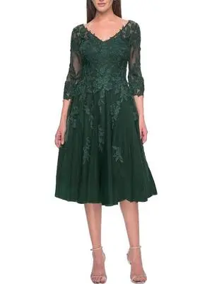 La Femme Tulle And Lace Knee Length Dress - Emerald