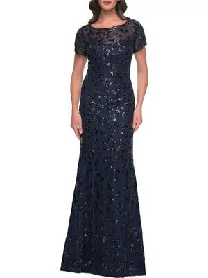La Femme Beaded Sequin Evening Gown - Navy