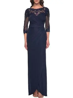 La Femme Long Jersey Evening Gown With Lace - Navy
