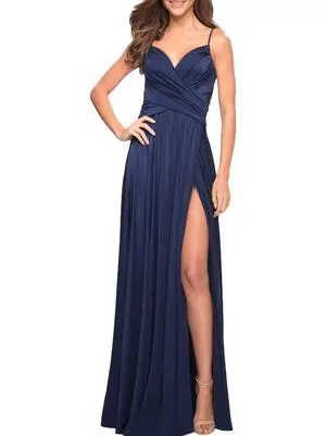 La Femme Criss-cross Ruched Bodice Jersey Dress - Navy
