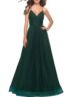 La Femme La Femme Long Tulle A-Line Gown With Slit And Pockets Dark Emerald