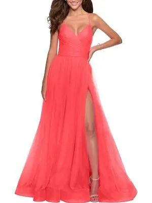 LABOMME La Femme Long Tulle A-Line Gown With Slit And Pockets Hot Coral