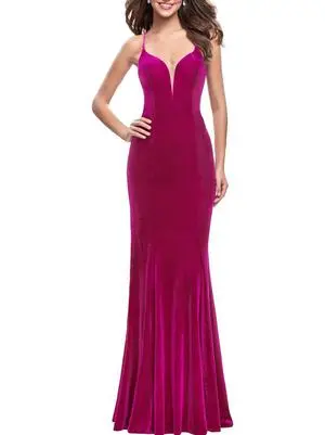 LABOMME Strapless Velvet Mermaid Gown With Strappy Back - Fuchsia
