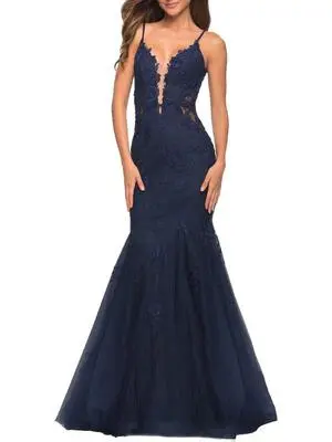 La Femme Tulle And Lace Mermaid Gown - Navy