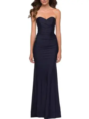 La Femme Strapless Jersey Gown - Navy