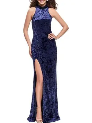 La Femme Long Crushed Velvet Prom Dress With Beaded Choker - Navy