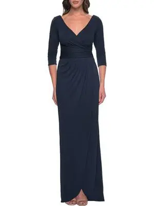 La Femme Ruched Waist Jersey Gown - Navy