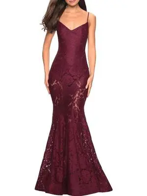 LABOMME Form Fitting Lace Prom Gown - Wine