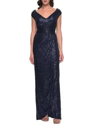 La Femme Sequin Evening Dress - Navy