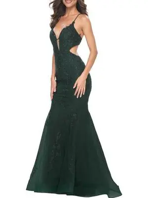 La Femme Lace And Tulle Mermaid Gown With Cut Outs - Dark Emerald