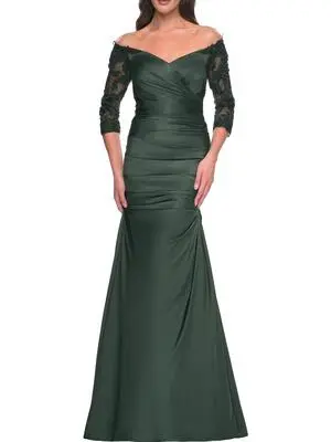 La Femme Mermaid Satin Gown With Lace Sleeves - Emerald