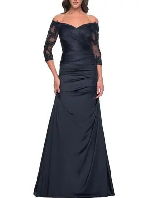 La Femme Mermaid Satin Gown With Lace Sleeves - Navy