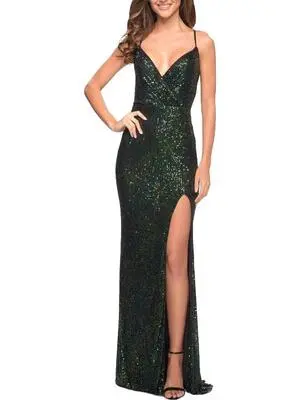 La Femme La Femme Long Sequin Gown With Slit Emerald