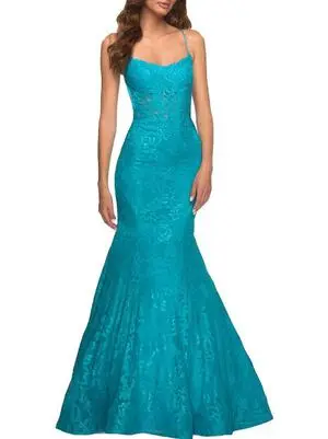 LABOMME Lace Mermaid Gown With Open Back - Aqua