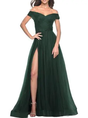 LABOMME Tulle A-line Off-the-shoulder Gown - Dark Emerald