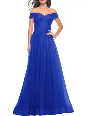 LABOMME Tulle A-line Off-the-shoulder Gown - Royal Blue