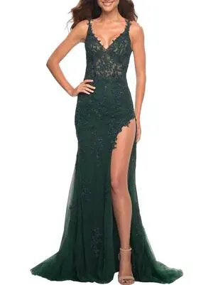 La Femme Lace Column Gown With Slit - Emerald