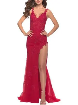 La Femme Lace Column Gown With Slit - Red