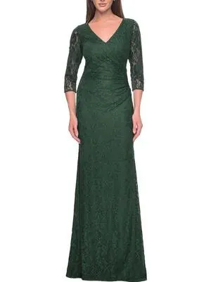 La Femme Stretch Lace Evening Gown - Dark Emerald