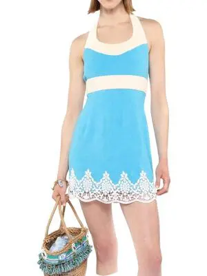 Anna Sui Cabana Terry Halter Dress With Lace - Ocean Blue