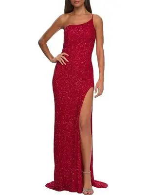La Femme La Femme One-Shoulder Sequin Gown Red