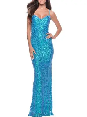 La Femme La Femme Print Sequin Gown With Lace-Up Back Aqua
