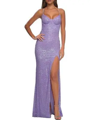 La Femme Sequin Column Gown - Periwinkle
