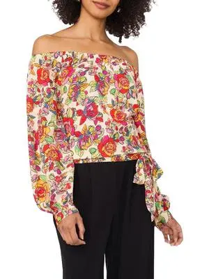 Vince Camuto Floral Off-the-shoulder Tie Hem Top - Red