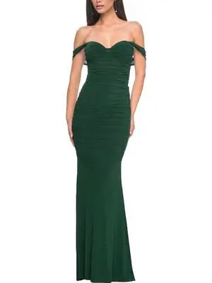 La Femme Off-the-shoulder Jersey Gown - Dark Emerald