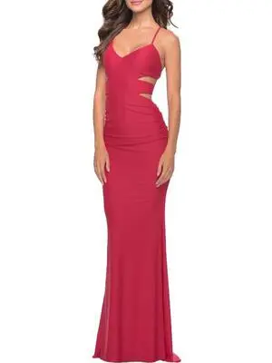 La Femme La Femme Side Cut Out Jersey Gown Red