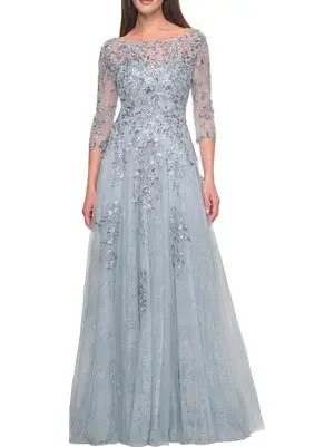 La Femme A-line Lace And Beaded Gown - Dusty Blue