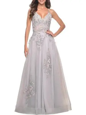 La Femme Tulle A-line Gown With Lace Applique - Silver