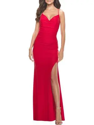 La Femme La Femme Ruched Jersey Gown With Lace-Up Back Red