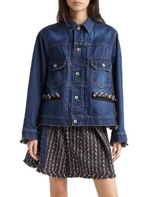 Sacai Mixed Media Denim & Tweed Trucker Jacket - Blue/ Navy 405