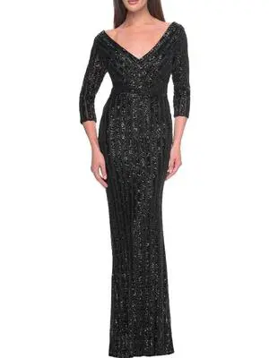 La Femme Evening Dress With Sequin Fabric And Sleeves - Black