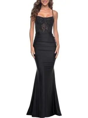 La Femme Ruched Jersey Gown With Illusion Corset - Black
