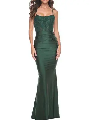 La Femme Ruched Jersey Gown With Illusion Corset - Dark Emerald