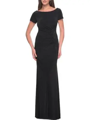 La Femme Long Jersey Evening Gown With Rhinestone Details - Black