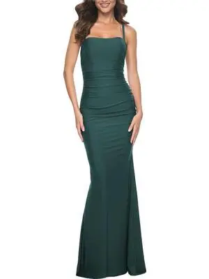 La Femme Ruched Jersey Dress With Lace Up Back - Emerald